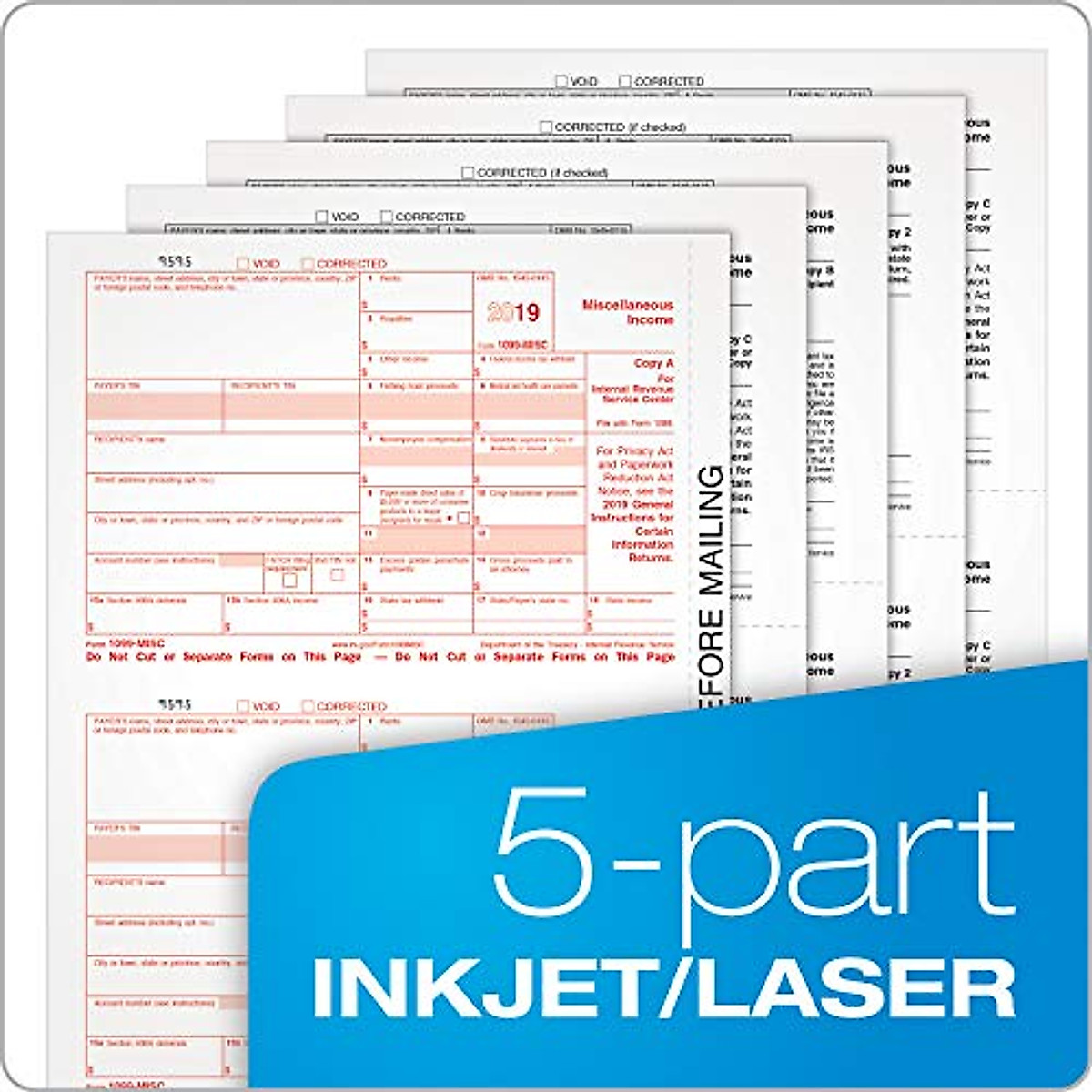 TOPS 1099 MISC Forms 2019, 5 Part Tax Forms, 50 Recipients Laser/Inkjet Forms, 3 1096 Summary Forms (TXA22993), White (TX22993)