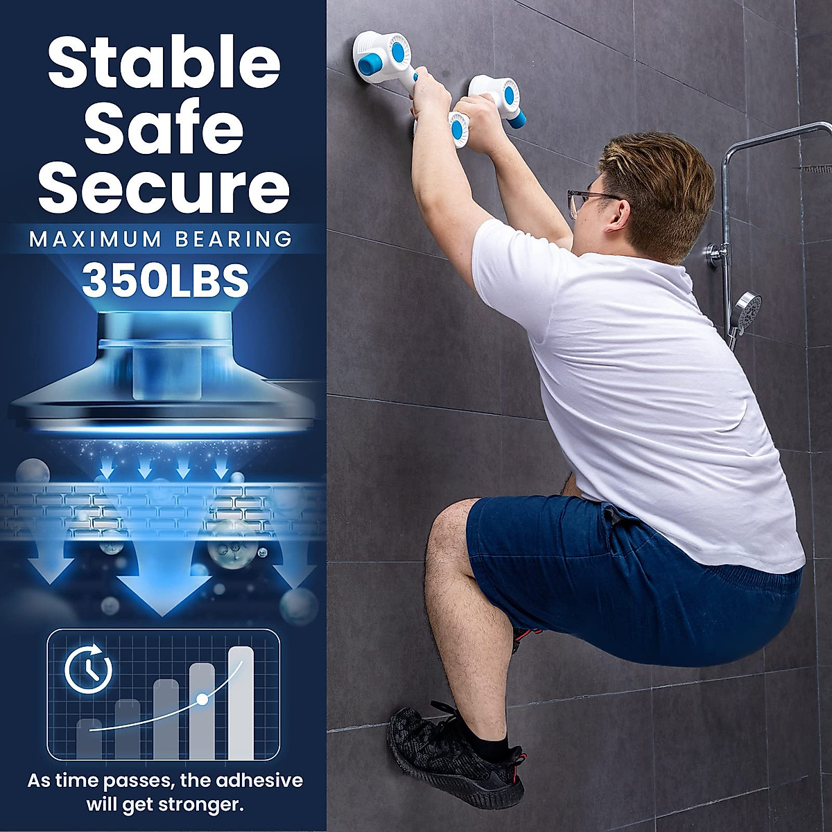 LEVERLOC Shower Safety Grab Bar Super Strong Adhesive L-Shape Handle Rail for Elderly Seniors Handicap Bathroom Bathtub Toilet Shower Balance Assist Grip Strong Suction Hold Up to 350 LBS Drill-Free