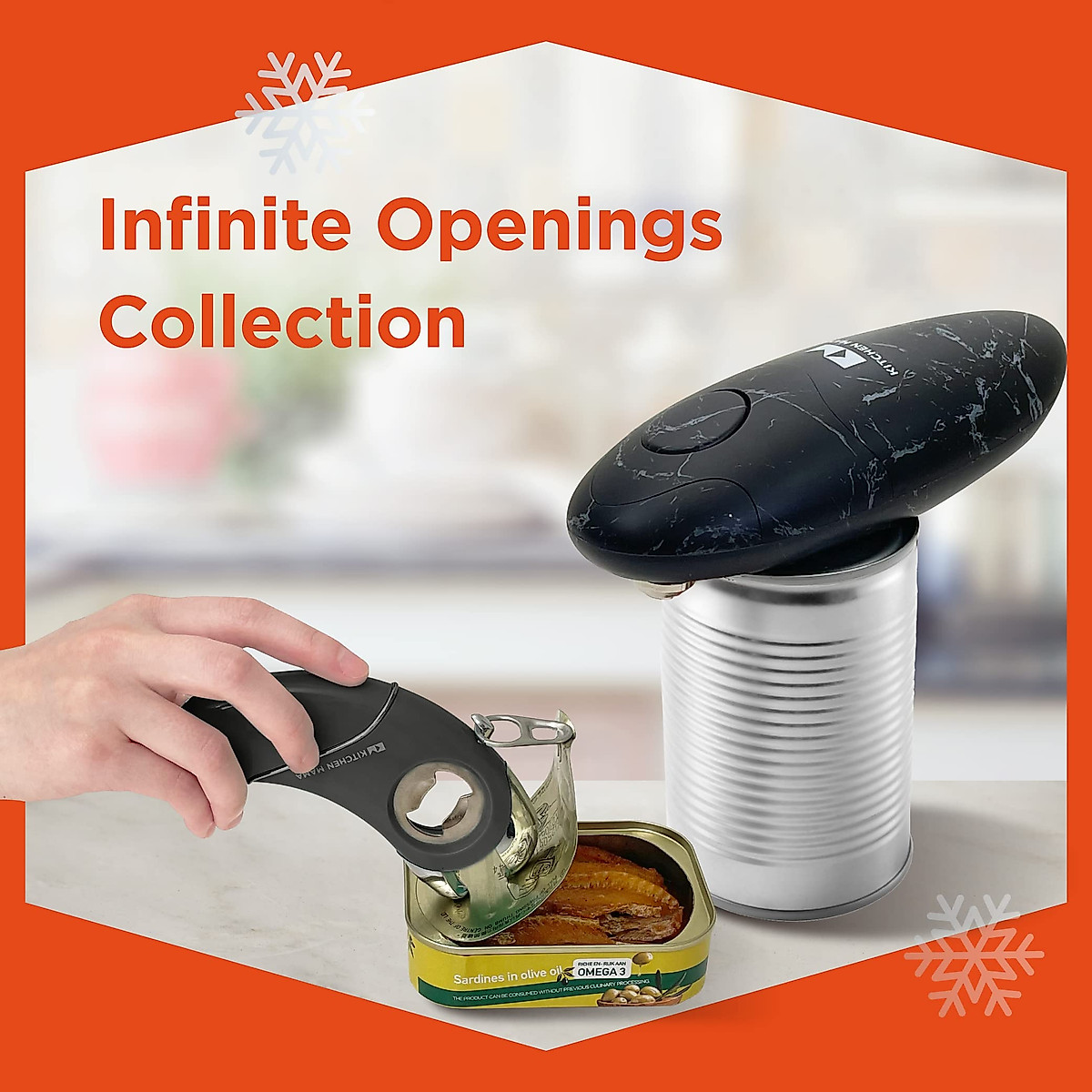 Kitchen Mama Infinite Openings Collection: Limited Marble Auto 2.0 Series, Upgraded Blade Cuts Leaving Smooth Edge, and Epic One Opener: Magnetic, Opens Bottle, Beer, Pull Tab Cans, and Jars (Black)