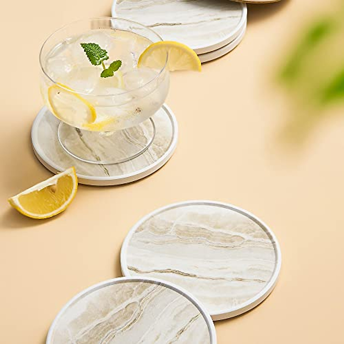 LIFVER Coasters for Drinks, Ceramic Absorbent Coaster for Coffee Table fits All Coffee Mugs Cups, House Warming Gift for New Home Decor Wedding Wooden Table Marble Stone Coaster Set of 6