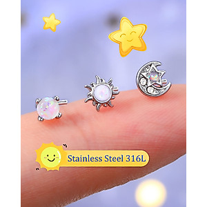 MeIighting Nose Rings 20G Moon Nose Studs Stainless Steel 316L Sun Nose Piercing Jewelry L Shaped for Women Men Body Piercing Jewelry