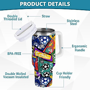 Emelivor Balls Trophies Colorful 40 oz Tumbler with Lid and Straw Insulated Tumblers with Handle Leak Proof Coffee Tumbler Mug Large Water Bottles for Hot and Iced Cold Drinks