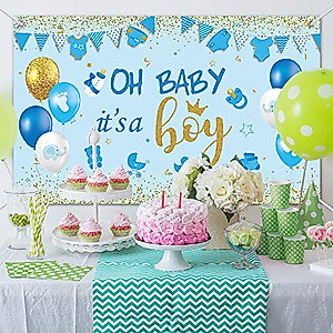 Oh Baby It's A Boy Baby Shower Party Decorations Large Size Blue Baby Shower Birthday Banner Backdrop Photo Booth Background for Boy's Baby Shower Party Supplies (Blue Boy)