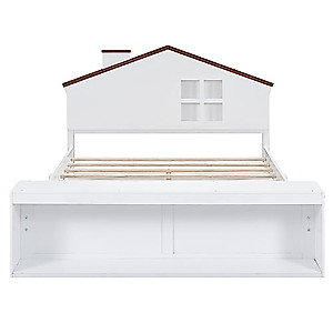 HoRunzelin Modern Full Size Pine Wood House Shaped Headboard Platform Bed with Storage Cabinet and LED Lights for Kids Boys Girls Teens,White