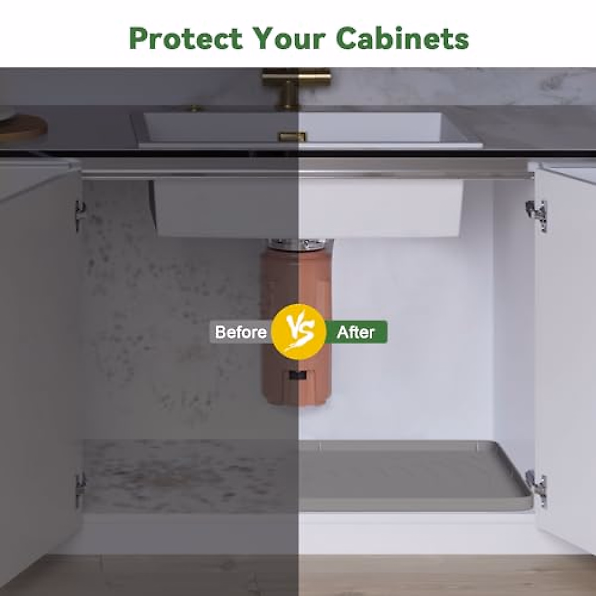 TOOVEM Waterproof Under Sink Mat, 34" x 22" Silicone Waterproof Mat for Kitchen Bathroom Cabinets, Under Vanity Sink Mat, Silicone Mats,Tray and Protector for Drips, Leaks, Spills,(Grey)