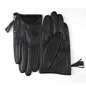 DooWay Short Black Touchscreen Real Leather Gloves, Imported Goatskin Leather Tassel Zipper Unique Pop Finger Gloves,size L