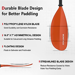 WONITAGO Kayak Paddles Carbon Fiber Shaft Paddle with Nylon Blades, Floating Adjustable Kayaking Oars, 3 Piece, 230-250 cm/90-98 Inches Orange