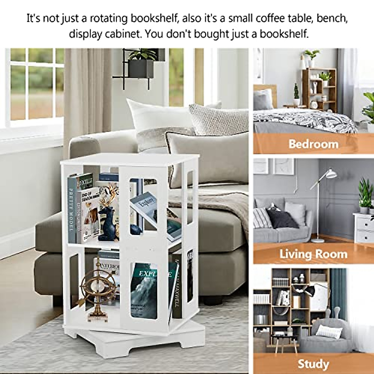 Nisorpa 2 Tier Rotating Bookshelf, 360° Revolving Square Bookcase Floor-Standing Storage Display Rack for Kids & Adults, Used in Bedrooms Living Rooms Study Office (30"x18"x18")