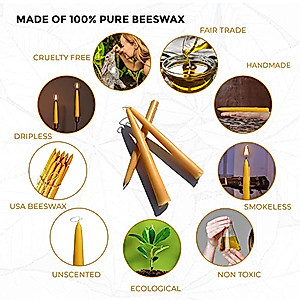 BeeTheLight Beeswax Taper Candles (Pack of 12) - Dipped Style Smokeless Unscented Candles - 12 Hours Burn Time Each - All Natural 100% Pure Beeswax Candle - Handmade Decorative Taper Candle Set