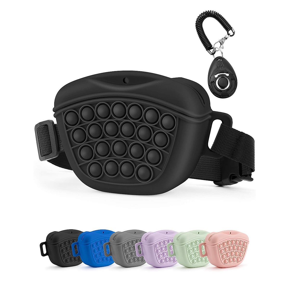 Gobeigo Dog Treat Pouch with Training Clicker 2.0-Upgrade Stronger Magnetic Closure to Avoid Spilling, 1.67 Cup Silicone Treat Bag Fanny Pack with Waist Belt for Pet Training Walking (Black)