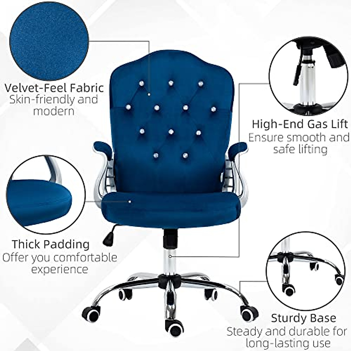 Vinsetto Home Office Chair, Velvet Computer Chair, Button Tufted Desk Chair with Swivel Wheels, Adjustable Height, and Tilt Function, Blue