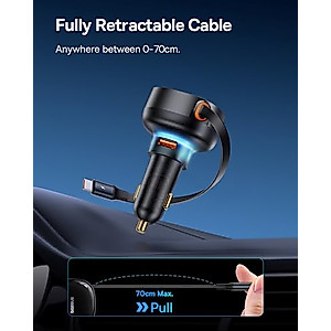 Baseus USB C Car Charger, 60W Retractable Car Charger, Dual Fast Charging, Compatible with iPhone 15/14/13/12 Pro Max, Plus, Samsung Galaxy S23/S22/S21 Ultra, Google Pixel and More