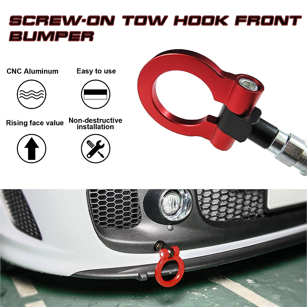 Xotic Tech JDM Sport Track Racing Style CNC Aluminum Screw-on Tow Hook Front Bumper Compatible with Honda S2000 2002-2009 & Fit 2006-2008 or Acura TL 2004-2008 (Red)