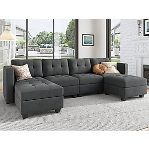 HONBAY Modular Sectional Sofa with Storage Velvet U Shaped Couch with Reversible Chaises Sectional Sofa with Ottomans, Bluish Grey