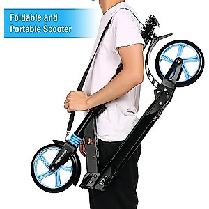 Scooter for Kids Ages 8-12, Folding Scooter for Teens/Adults with 4 Adjustment Levels, Big 8" Wheels Scooter with Anti-Shock Suspension and Carry Strap, Adult Scooter up to 220lbs, Azure