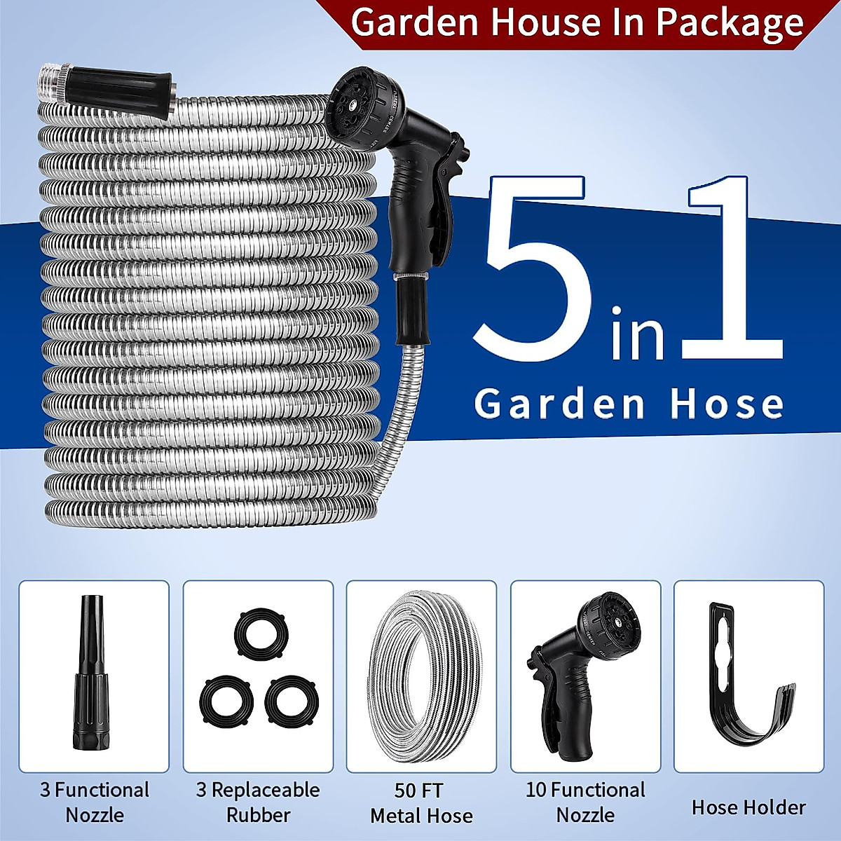 CUHBIV Metal Garden Hose 50FT,Stainless Steel Metal Hose with 10 Function Nozzle, Heavy Duty Collapsible Water Hose with Hose Holder,Kink Free & Tangle Free Flexible Garden Hoses for Outdoor