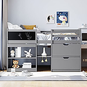 BOVZA Twin Size Low Loft Bed with Rolling Desk and Storage Shelves, Wooden Loft Bed Frame with 2 Drawers and Chalkboard for Kids Teens Boys Girls, Gray