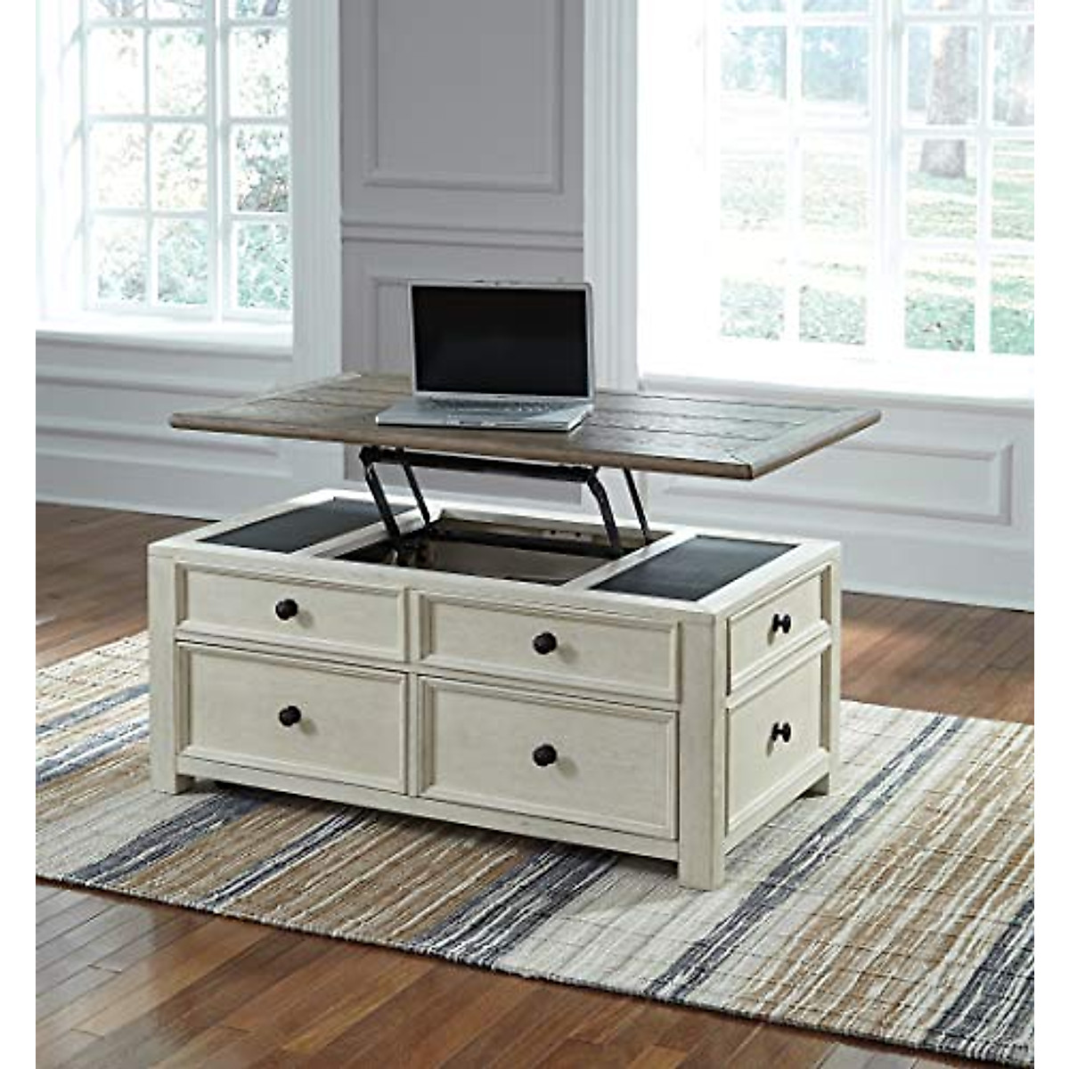 Signature Design by Ashley Bolanburg Farmhouse Lift Top Coffee Table with Drawers, Antique Cream & Brown
