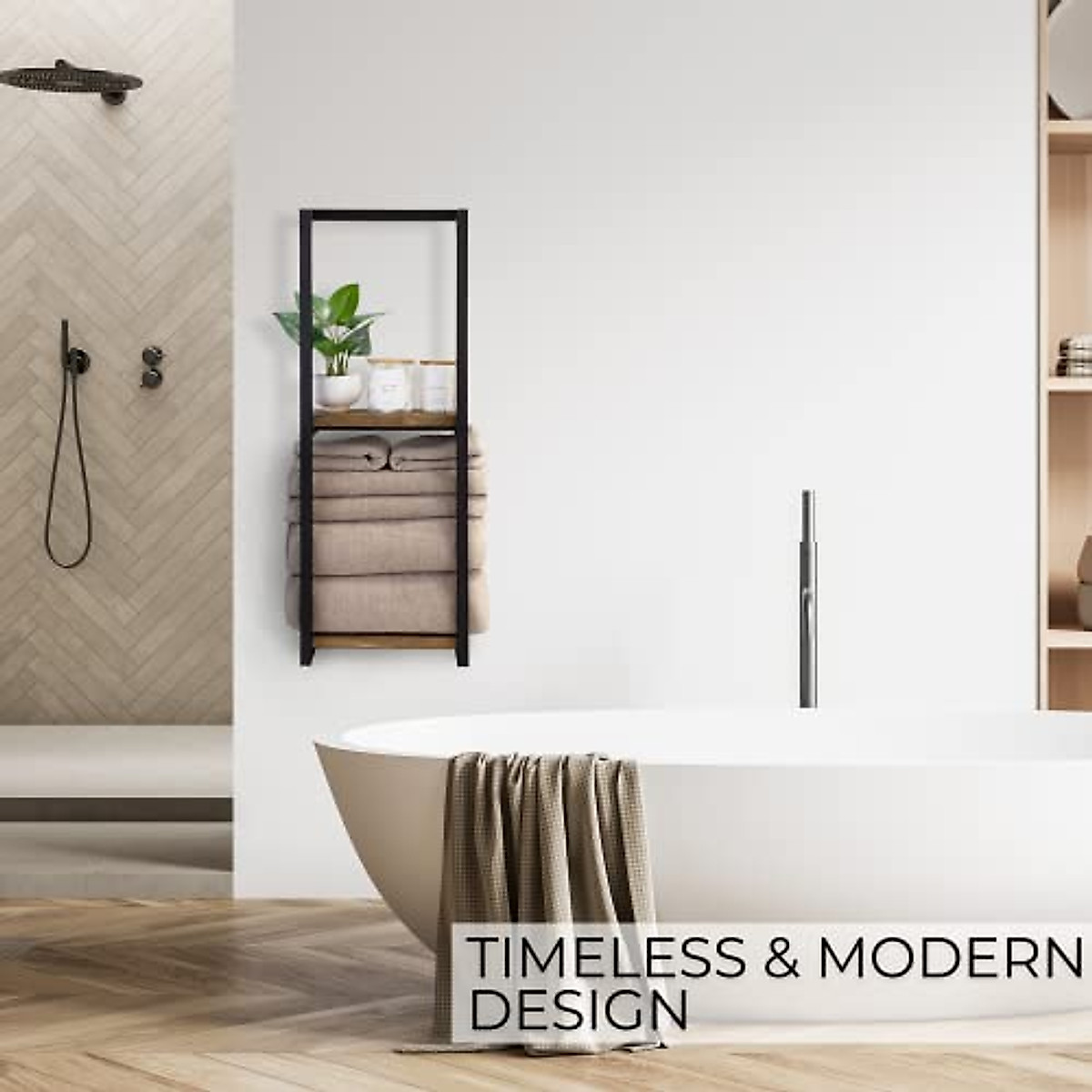 Stylish Bathroom Towel Storage Rack with Wooden Shelves – Modern & Space Saving Organizer for Wall Mount That Easily Holds 8 Large Towels - The Perfect Towel Holder to Enhance Your Bathroom Decor