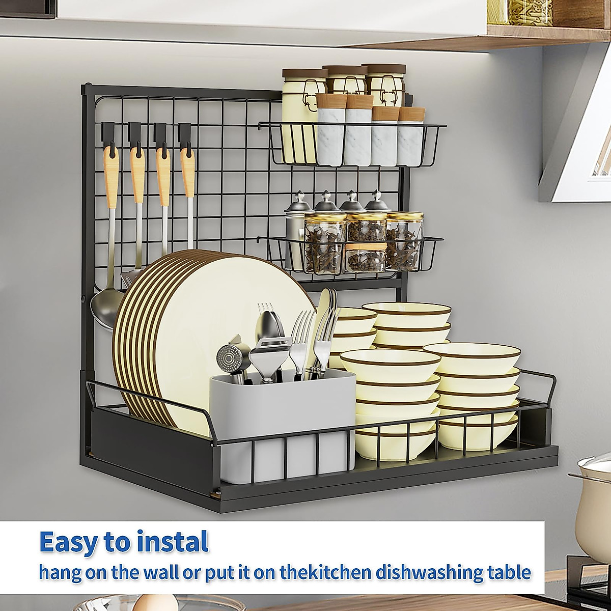 UBUISOTKZ Non-deformable Dish Drying Rack,Stainless Steel Dish Drainer with Cutting Board Holder Pull-Out Baskets, Dish Racks for Kitchen Counter Organizer Space Saver-Black