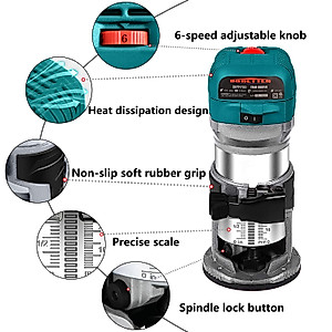 Dobetter 6.5-Amp Wood Router Tool, 1.25 HP Compact Trim Router with 6 Variable Speed, 12 Wood Router Bits, 1/4" & 3/8" Collets and Dust Hood -DBTR700