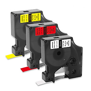 BOYEEZON 3Pack Compatible for DYMO Rhino 18444 18432 18438 Permanent Vinyl Label Tapes Black on White/Red/Yellow 12mm x 5.5m Industrial Tape for DYMO Rhino 4200 5200 5000 6000 Label Maker