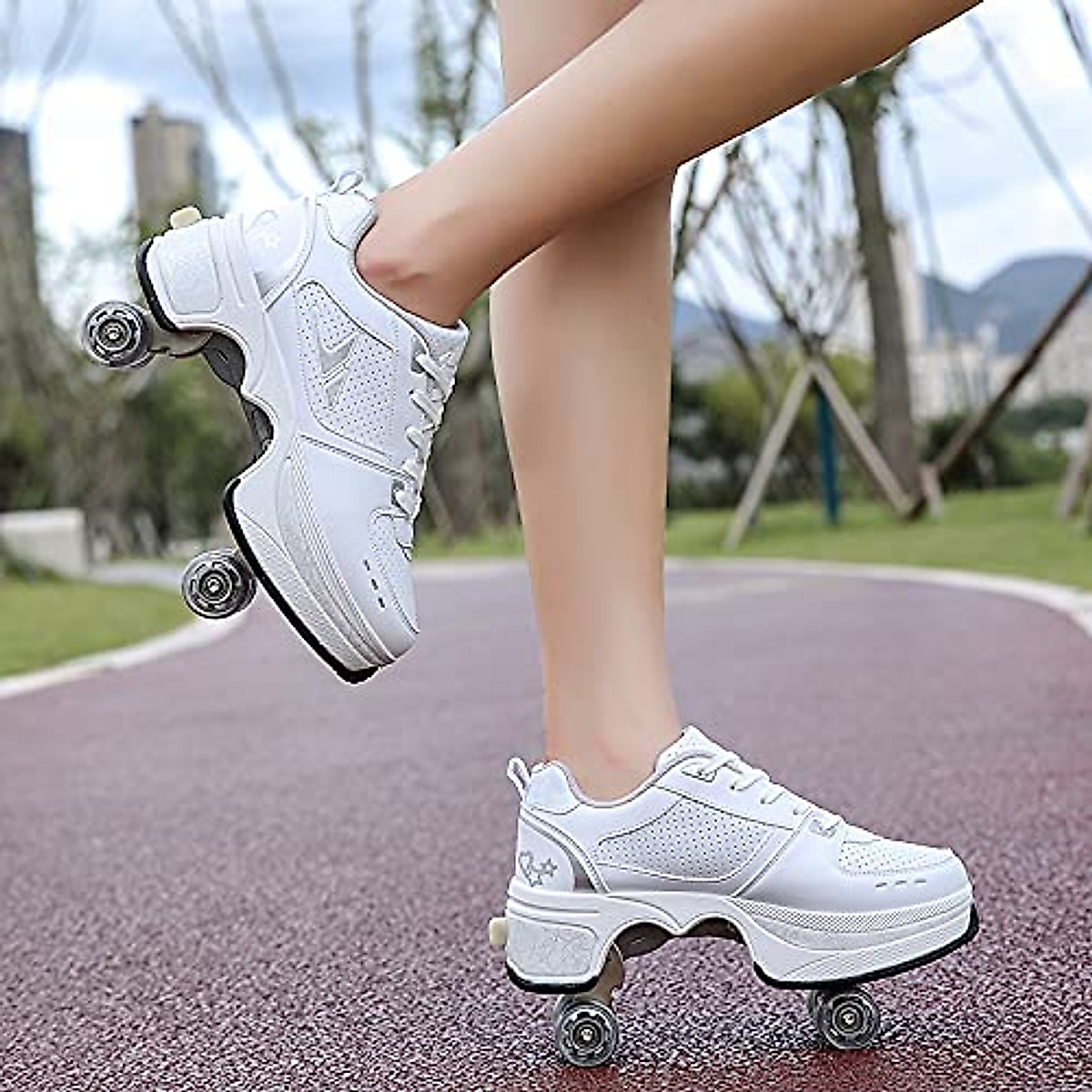Women's Retractable Roller Skates Outdoor Girls Kick Roller Shoes Men Deformation Sneakers,White Silver (白银)-EU31/US3.5