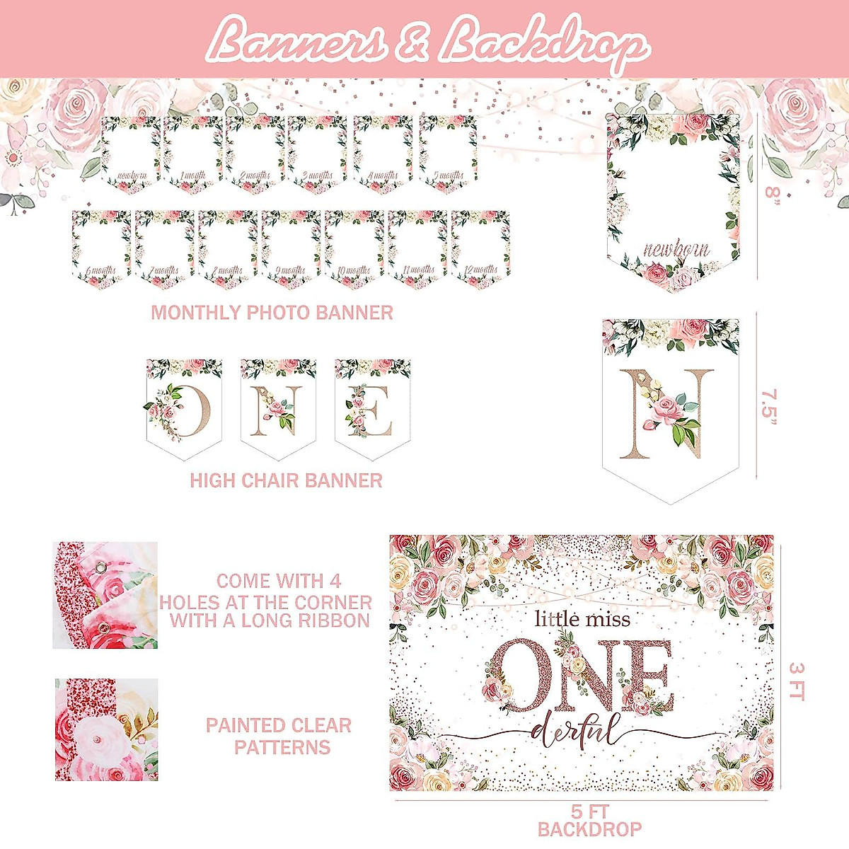 125 PCs First Birthday Decorations for Girl, Fiesec Little Miss Onederful 1st Birthday Party Decorations Backdrop Balloon Garland Monthly Photo Highchair Banner Box Cutout Cake Topper Crown Poster