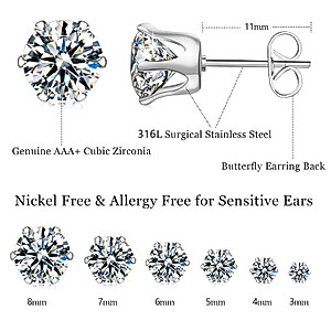 UHIBROS 6 Pairs Stainless Steel Stud Earrings Set Hypoallergenic Cubic Zirconia 14K White Gold 316L CZ Earrings