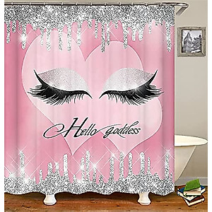 Byitre 4PCS Bling Eyelashes Shower Curtains with Rugs Bath Mat Toilet Lid Cover and 12 Hooks Waterproof Glittering Eyes Bathroom Shower Curtain Set, Fushia, 71' x 71'