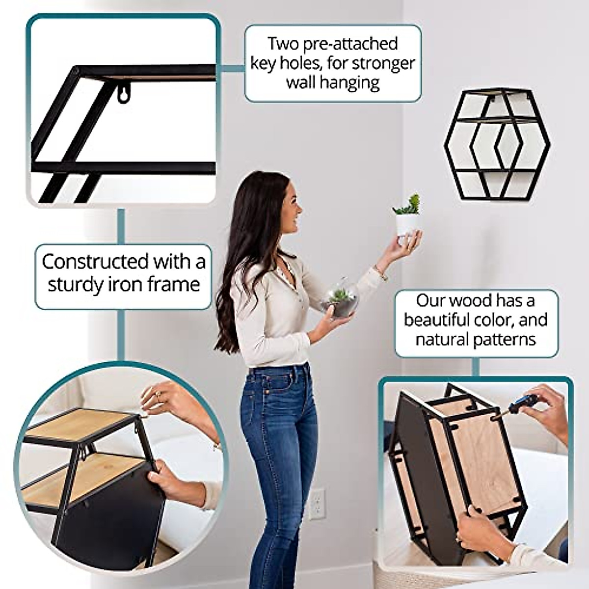 Metal Hexagon Shelf with Mirror – 4-Tier Industrial Iron Farmhouse Hexagonal Floating Shelving for Bedroom, Bathroom, Living Room & Office – 20 x 5.8 x 17.4 Inches, Black Frame with Brown Shelves