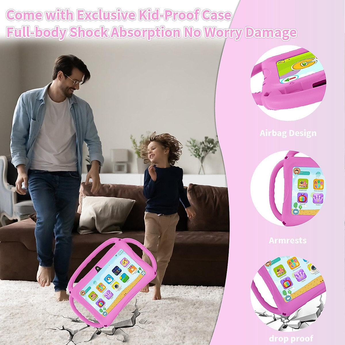 TUOHAITIME Android Tablet, 7 inch Android11 Tablet 6GB(2+4) RAM 32GB ROM with Bluetooth, WiFi, GMS, Parental Control, Dual Camera, Shockproof Case, Educational (Pink)