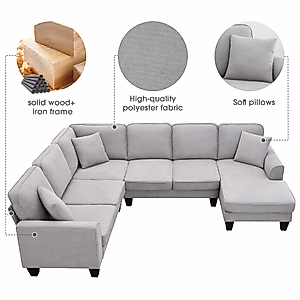 U Shape Sectional Sofa, 7-Seat Fabric Sectional Sofa Set with 3 Pillows,Fabric Corner Couch with Backrest and Armrest for Living Room, Apartment, Office (Light Grey)