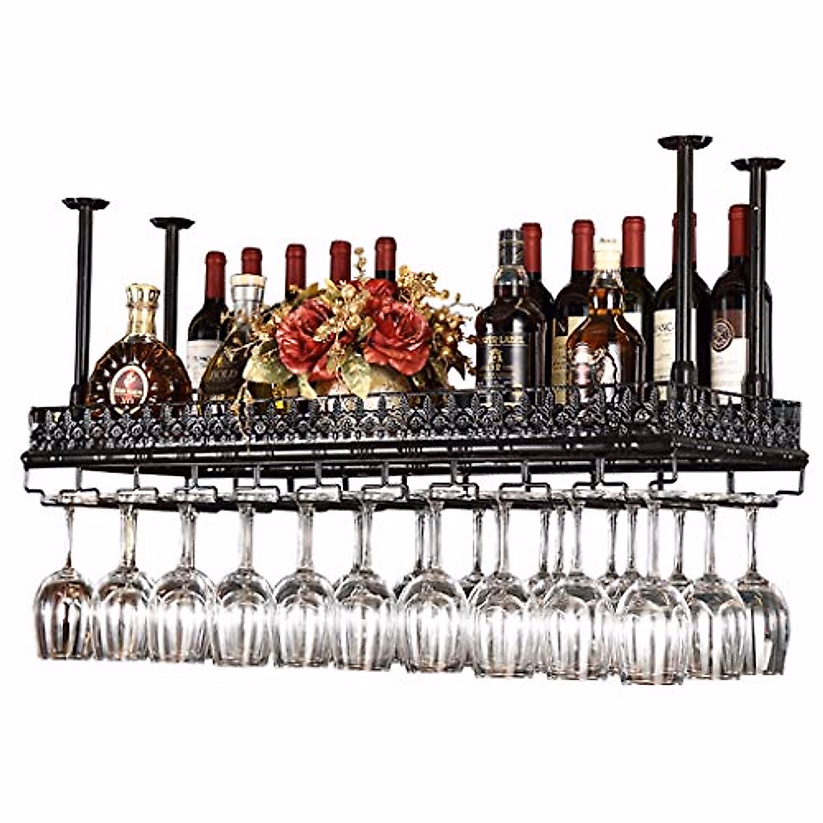 Creative Simplicity Wall-Mounted Retro Iron Art Storage Wine Rack Wine Bottle and Wine Glasses Display Shelf Black 100 X35X27Cm J1031, PIBM, Black, 150 * 35cm