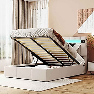 ATY Full Size Platform Bed with LED Light, Upholstered Bedframe w/Bluetooth Player, USB Charging and Hydraulic Storage, Save Space Design, Multifuctional, for Bedroom, Guestroom, Hotel, Beige