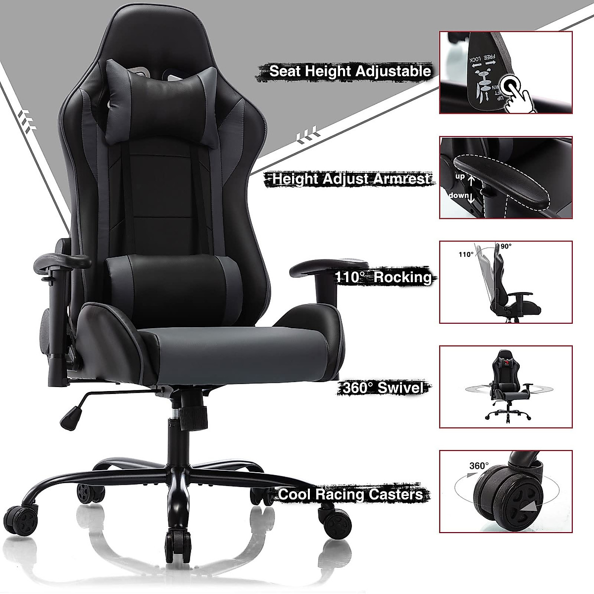 Reclining Gaming Chair - Adjustable Back Angle and Arms High Back PU Leather E-Sports Racing Gamer PC Computer Desk Swivel Office Chair - Grey
