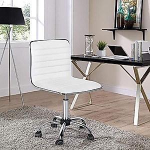 Yaheetech Adjustable Task Chair PU Leather Low Back Ribbed Armless Swivel White Desk Chair Office Chair Wheels