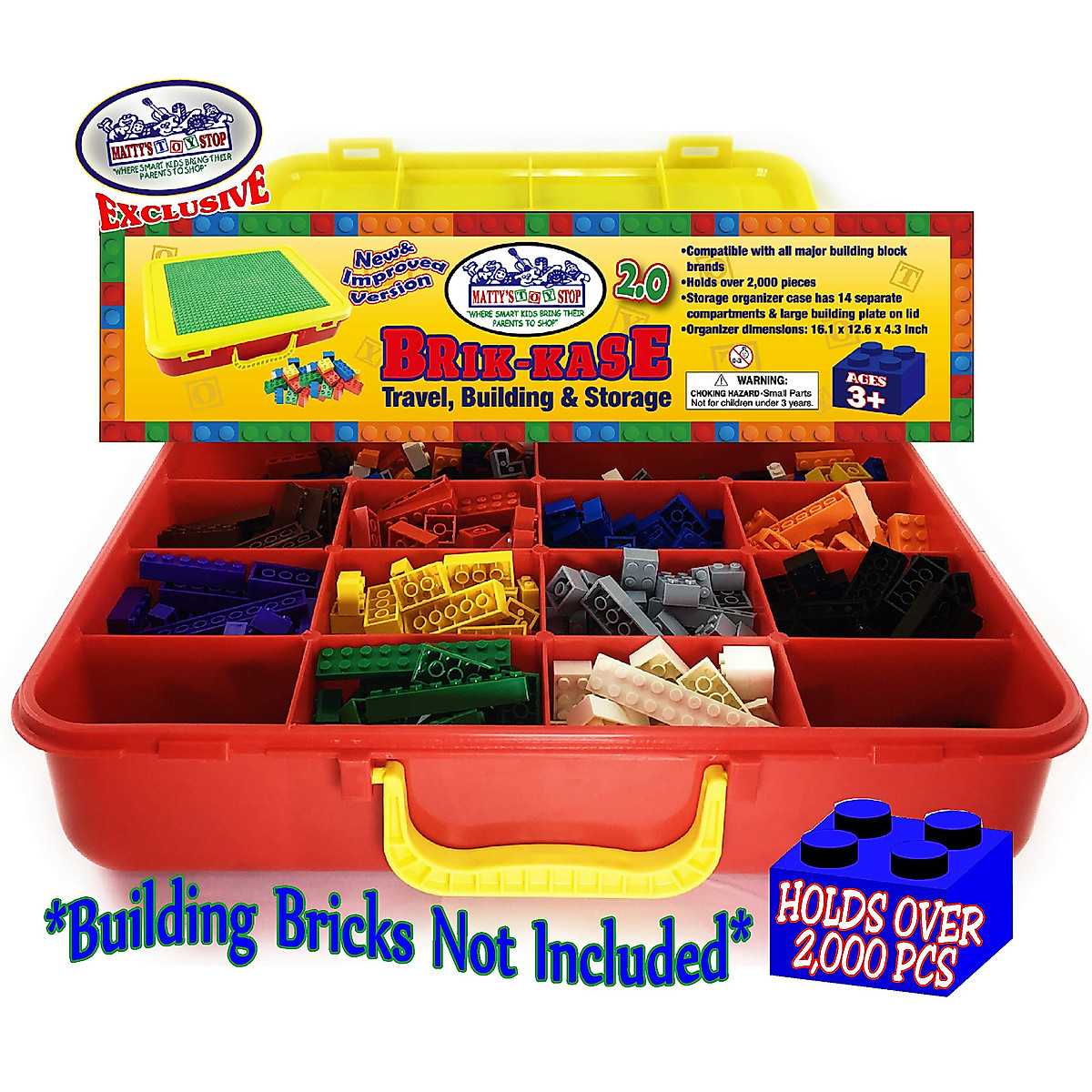 Matty's Toy Stop Brik-Kase 2.0 Travel, Building, Storage & Organizer Container Case with Building Plate Lid (Holds Approx 2000pcs) - Compatible With All Major Brands (Red, Green & Yellow)