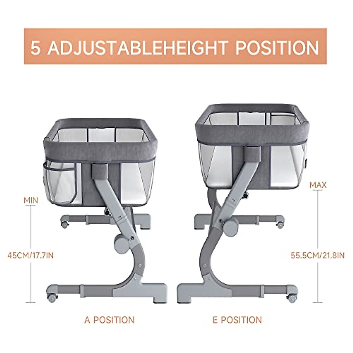 Gyvif Baby Bassinet Bedside Sleeper Crib, Easy Folding Co Sleeper Bed Side Adjustable Height Portable Crib with Wheels for Newborn