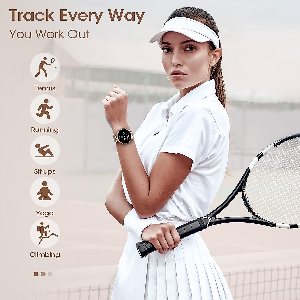 Smart Watch for Women(Answer/Make Calls), 1.3'' AMOLED Bluetooth Smartwatch for Android Phones iPhone Compatible, IP68 Outdoor Fitness Tracker with Heart Rate, Blood Pressure, SpO2 Monitor, Watch Gold