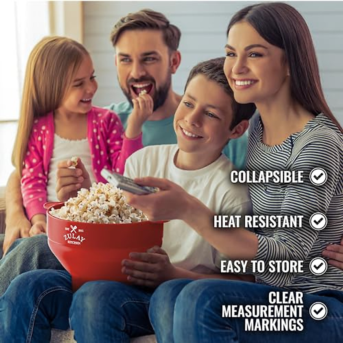 Zulay Kitchen Large Microwave Popcorn Maker - BPA-Free Silicone Popcorn Popper - Microwave Collapsible Bowl With Lid - Family Size Microwave Popcorn Bowl - 15 Popcorn Cup Capacity (Red)