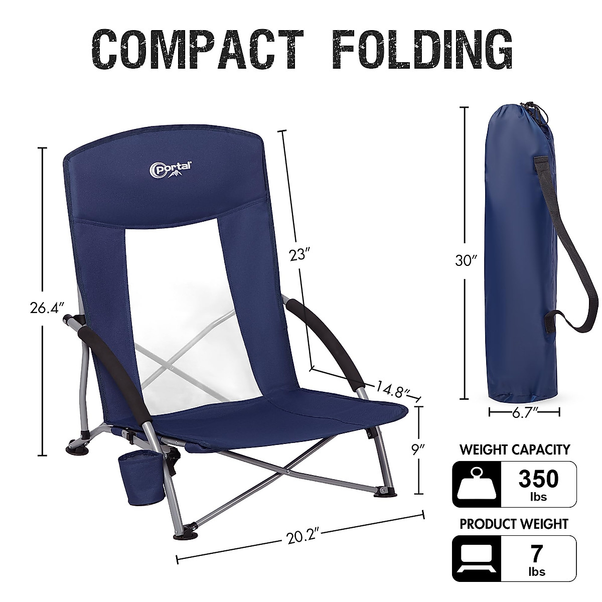 PORTAL Beach Chairs for Adults 2 Pack High Back Low Folding Camping Chair Portable Lightweight with Cup Holder for Travel, Concert, Lawn, Festival, Support 350lbs