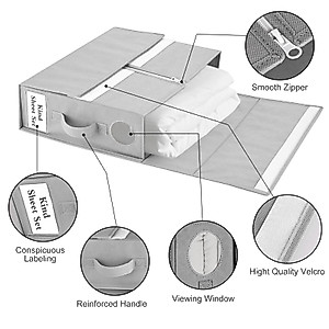 Aucoofany Bed Sheet Organizers 2/4-Pack Set, Foldable Sheet Organizer for Linen Closet, Sheets Set Folder Keeper with Window, Organizing Bedding Clothes Blanket Towels Container (Gray, 4 Pack)