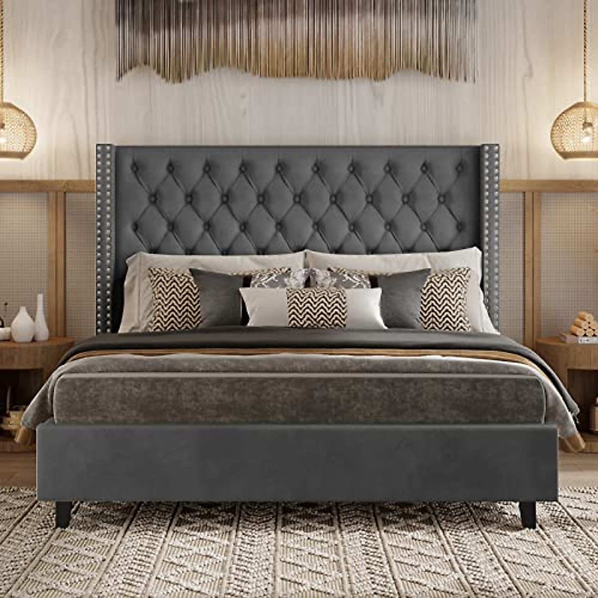 PaPaJet King Bed Frame Velvet Upholstered Bed with Deep Button Tufted/No Box Spring Needed/Easy Assembly/Dark Grey