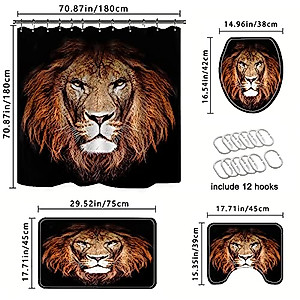 4 Piece Black Lion Animal Majestic Forest Leo King Shower Curtains Sets with Non-Slip Rugs, Toilet Lid Cover and Bath Mat, Bathroom Sets with Shower Curtain and Rugs and Accessories