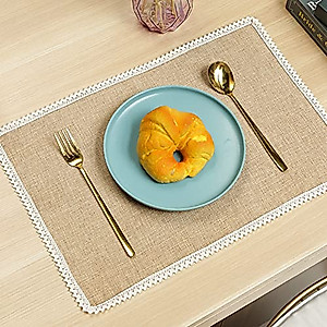 Kichvoe Dining Table Decor Lace Trim 6Pcs Burlap Placemats Lace Jute Rustic Farmhouse Table Mats for Special Occasions Parties Weddings Holidays - Brown Dining Table Decor Lace Trim