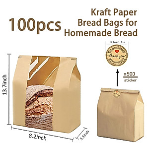 100 Pcs(13.7x8.2x3.5 in) Paper Bread Bags for Homemade Bread, Sourdough Bread Bags with Window, Sourdough Storage Bread Bags for Bread Packaging includes 500 Cute Seal Stickers