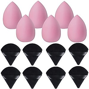 WSYUB 14Pcs Powder Puff &Makeup Blending Sponge, Professional Beauty Makeup Set- 6Pcs Pink Makeup Blender Tear-drop Shape, 6Pcs Black Triangle Velvet Powder Puff with 2Pcs Mini Pure Cotton Makeup Pad