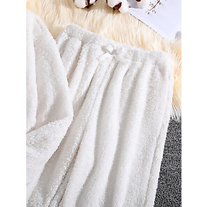 SOLY HUX Girl's Bear Ear Fuzzy Drop Shoulder Hoodie Sweatshirt with Sweatpants Two Piece Outfit Solid White