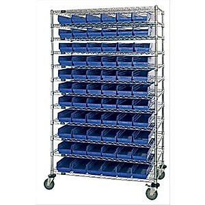 Quantum WR74-1248-66102BL Bin Wire Shelving System, 48'L x 12'D x 74'H, Carbon Steel, Chrome with Blue Bins